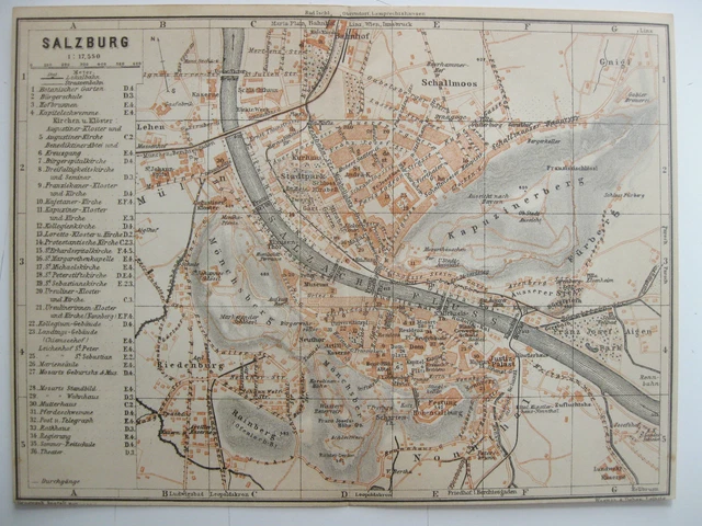ANTICA MAPPA ANTIQUE old print map street plan AUSTRIA SALZBURG ...