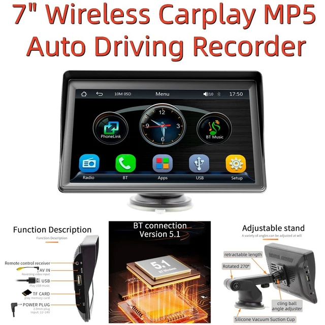 7& PORTABLE MONITOR Screen Wireless Carplay MP5 Auto Driving Recorder ...
