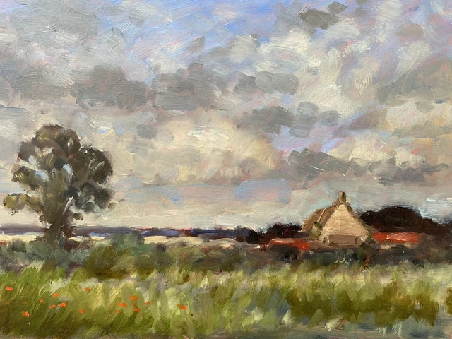 NORFOLK LANDSCAPE, OIL, Painting, Clouds, Trees, Cottage, Grass, David ...