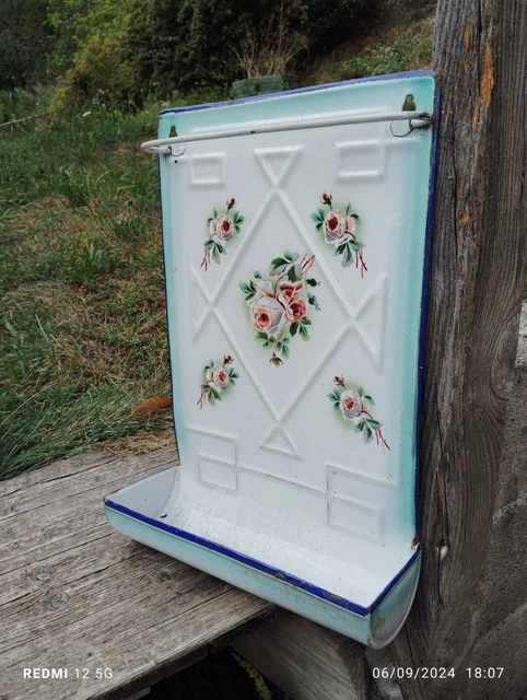ANCIEN PORTE LOUCHE et ustensiles JAPY en tôle émaillée décor de fleurs ...
