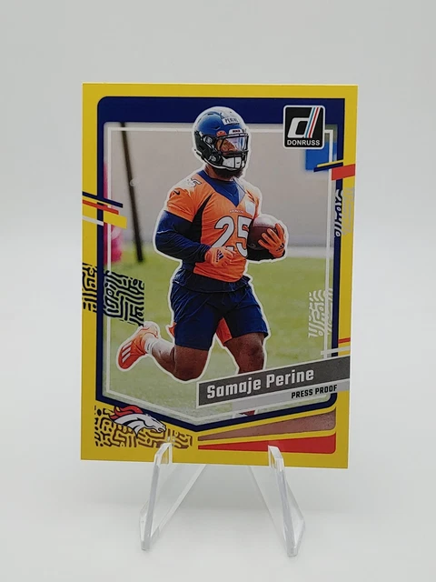 2023 SAMAJE PERINE Panini Donruss football épreuve presse jaune Denver ...