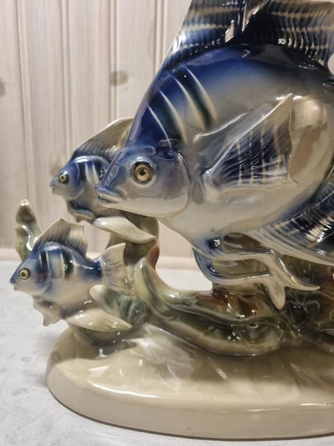 VINTAGE JEMA HOLLAND Blue Green Lustre Pottery Angel Fish Sea Sculpture ...