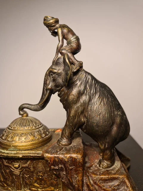 VIENNA BERGMAN BRONZE Indian Man On Elephant Inkstand Inkwell Inkpot ...