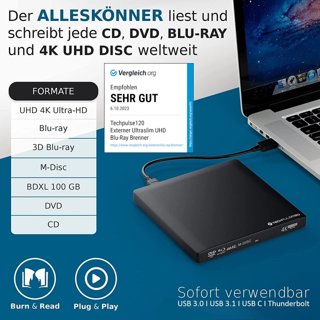 TECHPULSE120 EXTERNAL UHD 4k 3D M-DISC USB 3.0 Blu-ray DVD CD Burner ...