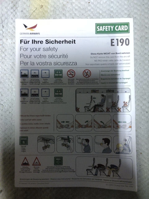 SAFETY CARD GERMAN Airways Embraer 190 Sicherheitskarte Flugzeug EUR 2 ...