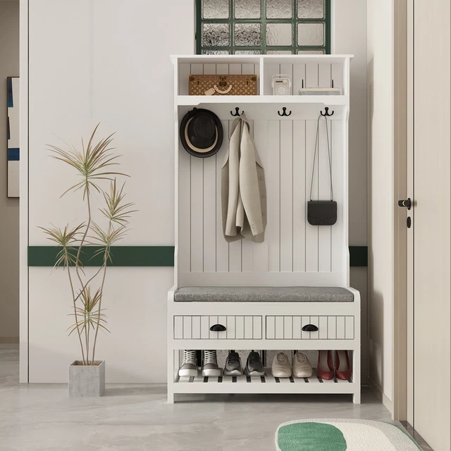 HALL TREE WITH Storage Bench 3-in-1 Entryway Coat Rack with 4 Hooks ...