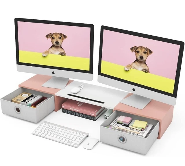 PINK DUAL MONITOR Stand Riser with Two Drawers Extra Large Storage ...