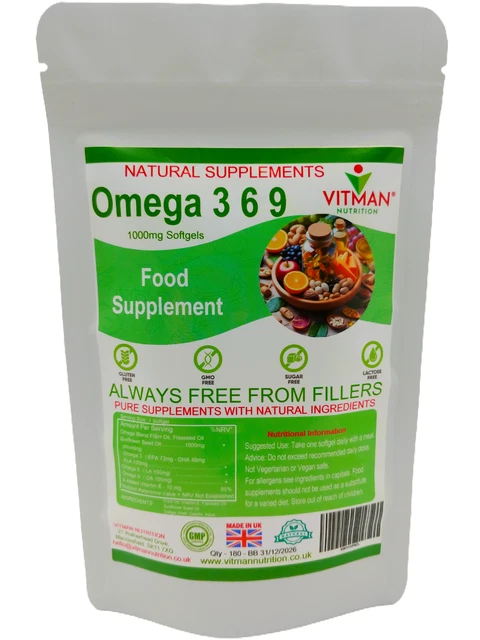 OMEGA 3 6 9 1000mg Pure Natural Softgels - HIGH STRENGTH EPA DHA - No ...
