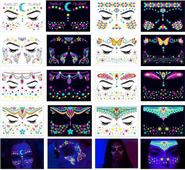 GLOW IN THE Dark Temporary Tattoos, Fake Face Tattoos Stickers Makeup ...