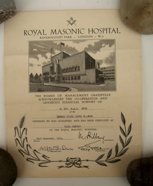 ORIGINAL VINTAGE ROYAL Masonic Hospital London Vice Patron Certificate ...