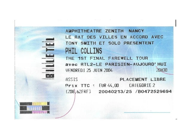 RARE / TICKET Billet Concert - Phil Collins : Live A Nancy France 2004 ...