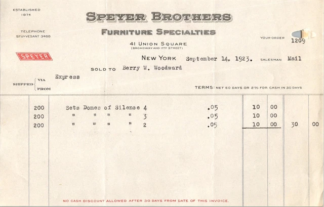 1923 SPEYER BROTHERS NYC Invoice Domes of Silence Furniture Glides ...