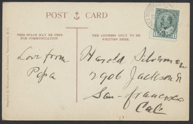 1909 RPO POSTMARK Fort William& Winnipeg RPO/No 2 W JUL 21 09 On PC $6. ...