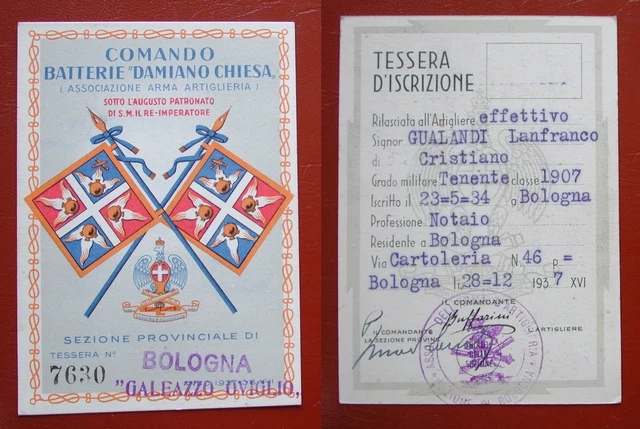 CARTA FASCISTA ORIGINALE Duce Tessera P.n.f. Reggimento Artiglieri ...