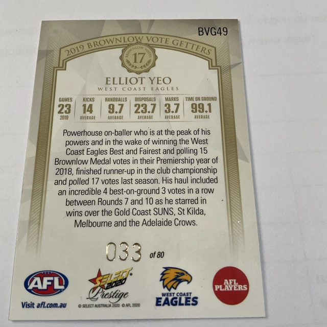 2020 Select Afl Prestige Brownlow Vote Getters Bvg49 Elliot Yeo 033 80