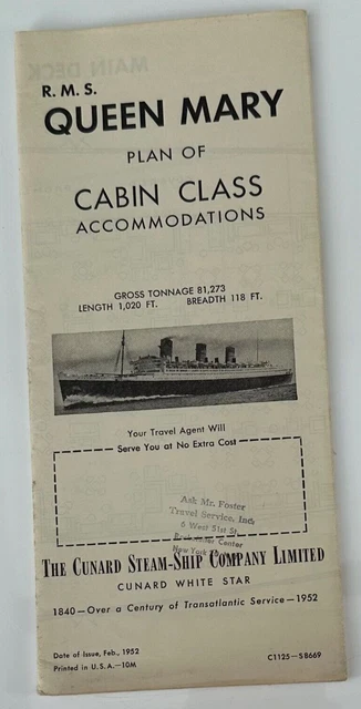 RMS QUEEN MARY PLAN OF CABIN CLASS ACCOMMODATIONS 1952 CUNARD White ...