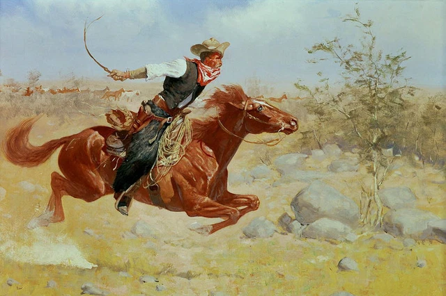 HUGE OIL PAINTING horseman cowboy rider riding red horse running in ...