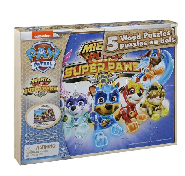PAW PATROL 5 Wood Puzzles in Wood Case Mighty Pups Super Paws New $14. ...