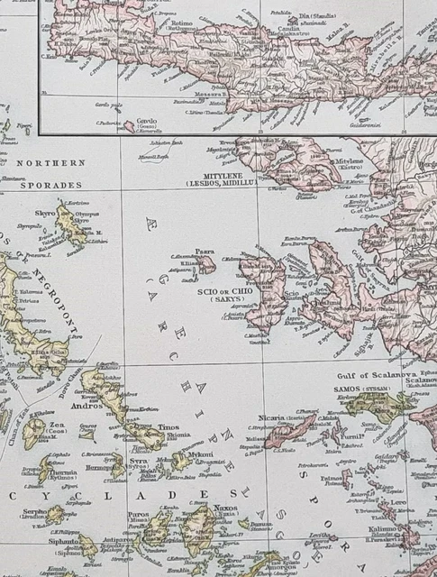 1895 ANTIQUE MAP Greece Morea Crete Candia Scio Mitylene Lesbos Larissa ...