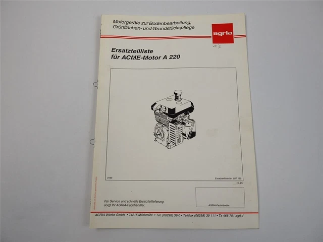 AGRIA ACME A220 Motor Ersatzteilliste Ersatzteilkatalog 1995 EUR 12,90 ...