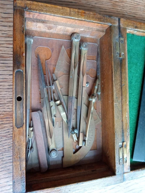 ANTIQUE SET BRASS Technical Drawing Instruments In Original Wooden Box ...