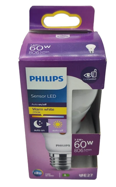 PHILIPS SENSORE LED ""Auto ON/OFF"" 2700K 60W = 7,5W 806 lumen nuovo ...