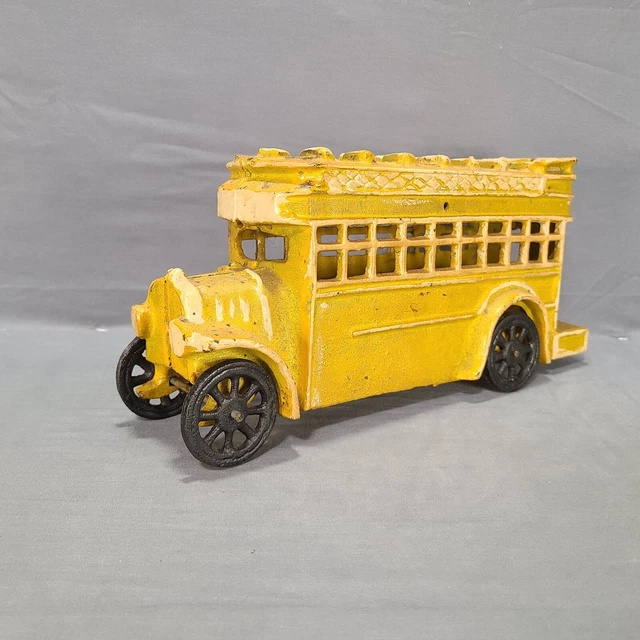HEAVY CAST IRON Yellow Double Decker Bus Vintage Missing One Wheel $52. ...