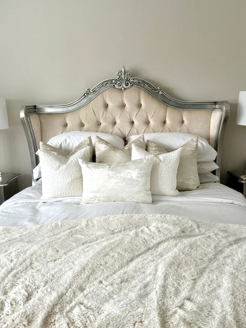 LUXURY HANDCARVED GENUINE Silver Leaf French Bed Frame Velvet King Size ...