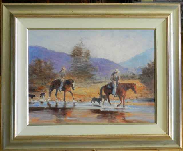 REX NEWELL (1939-2016) Large Original Oil Painting Stockmen Dogs River ...