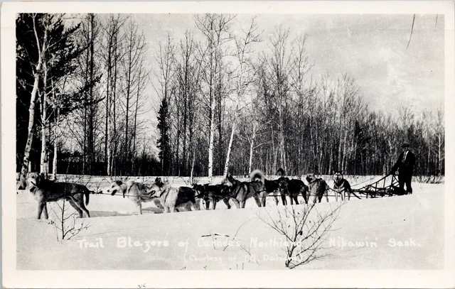 NIPAWIN SK SASKATCHEWAN Dog Sled Team Man c1946 TG Dainard RPPC ...