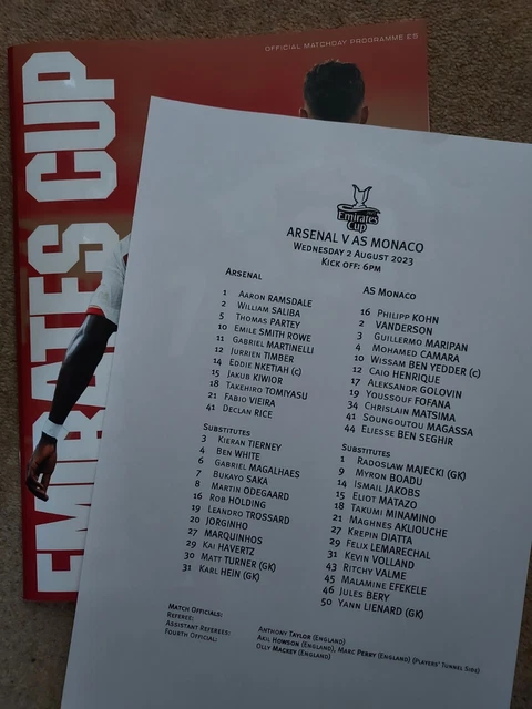 ARSENAL V MONACO Official Programme & Teamsheet 2023-2024 2 August 2023 ...