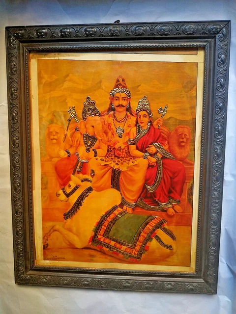 ANTIQUE INDIAN OLEOGRAPH Print By Artist Raja Ravi Varma Jari Work ...