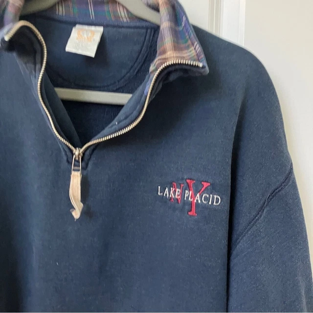 VINTAGE BAC PREMIER Navy Blue Worn in Faded 1/4 Zip NY Lake Placid ...