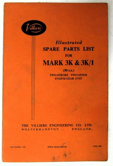 VILLIERS MK 3K 3K/1 50cc Illustrated Motorcycle Engines Parts List 1960 ...
