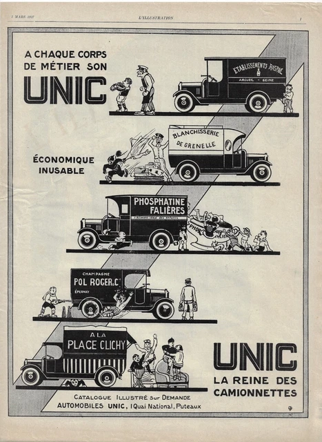 PUBLICITÉ ORIGINALE PAPIER 1927 Camionnette Unic N°2 Issue De La Presse ...