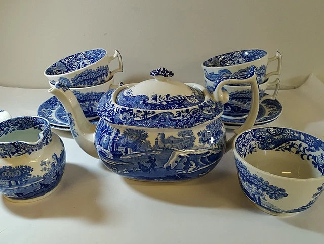 SPODE ITALIAN DESIGN Porcelain Tea Set 11 Piece Blue & White Excellent ...