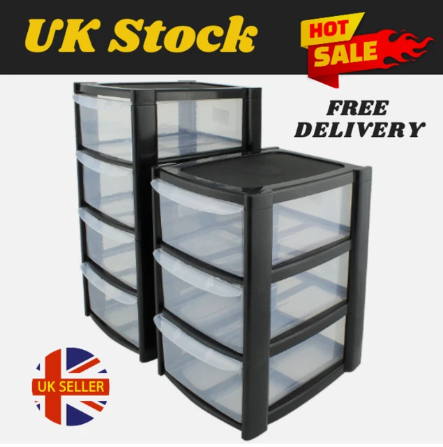 PLASTIC STORAGE TOWER Draw Box 3/4 Plastic Drawers Tower Unit Home ...