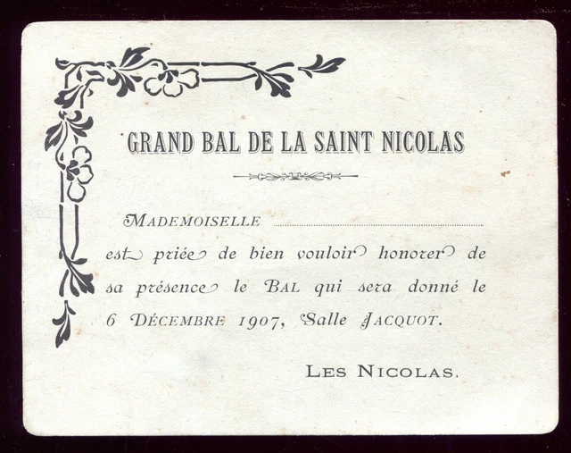 ANCIENNE CARTE D'INVITATION Bal de la Saint Nicolas . Salle Jacquot ...