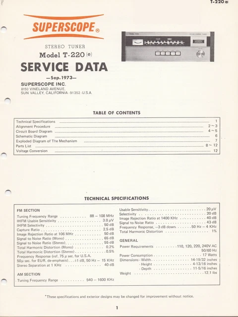 ORIGINAL SERVICE MANUAL Superscope Model T-220 Stereo Tuner 1973 EUR 4 ...