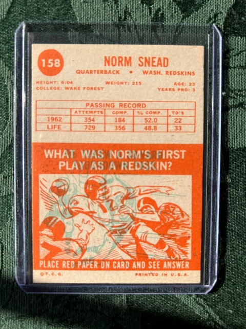 1963 TOPPS NORM Snead #158 Washington Redskins HOF EX !/MT joli EUR 11 ...