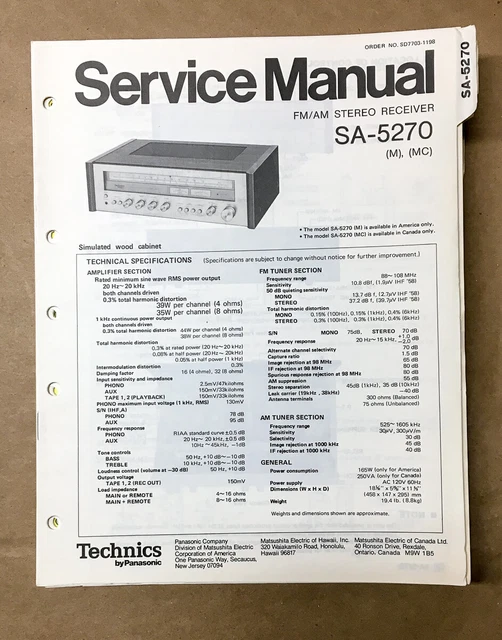 TECHNICS / PANASONIC SA-5270 Receiver Service Manual *Original* £23.64 ...