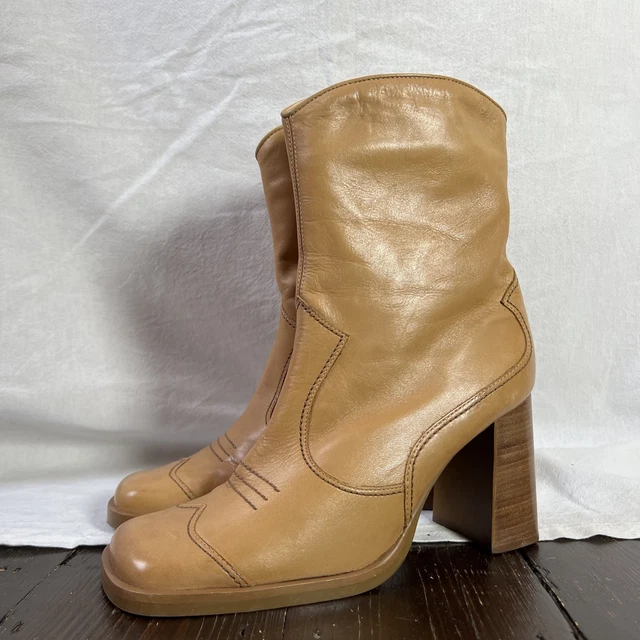 Y2K 2002 FAITH Western Brown Tan Leather Square Toe Mid-calf Boots ...