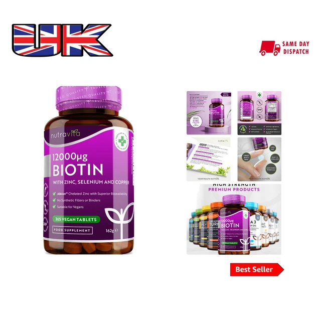 BIOTIN HAIR GROWTH Supplement 12,000mcg with Zinc, Selenium & Copper ...