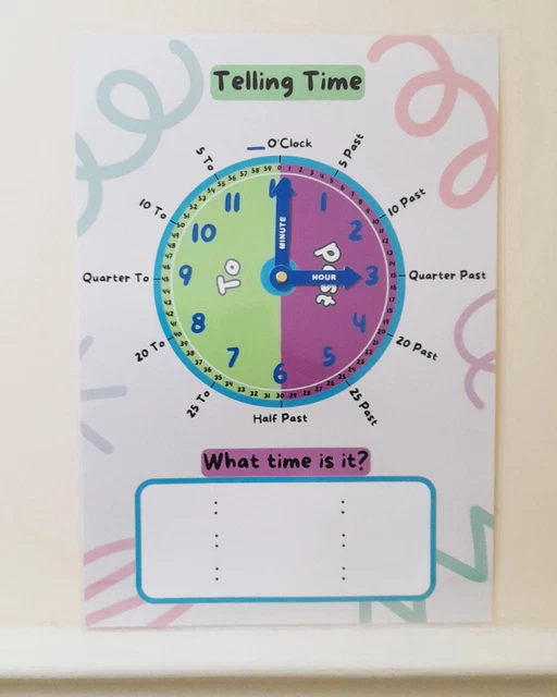 TELLING TIME A3 Wall Chart, Kids Interactive Clock Poster KS1 KS2 Dry ...