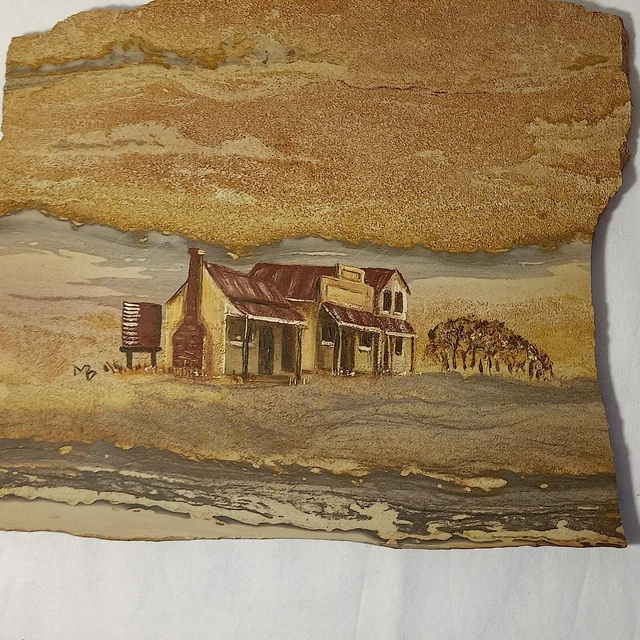 ORIGINAL SIGNED OIL Painting On Sandstone Slab Australian Rustic Folk ...