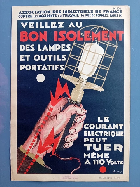 ANCIENNE AFFICHE ISOLATION ÉLECTRIQUE lampe ATELIER sécurité danger 110 ...