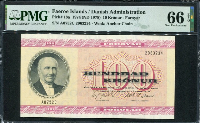 FÄRÖER 1949 1974-1978) 100 Kronur, P17a, PMG 66 EPQ GEM UNC EUR 333,30 - PicClick DE