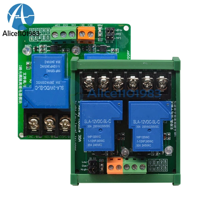 2 CHANNEL 30A DC 5V/12V/24V Relay Module Optocoupler Isolation High Low ...