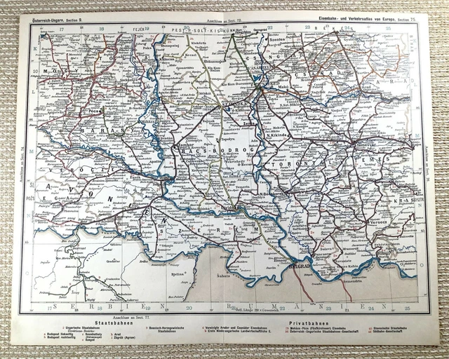 1905 ANTIQUE RAILWAY Map of Austro Hungarian Rail Railroad Belgrade ...
