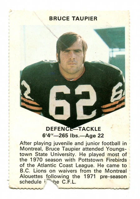 1971 TOUCHDOWN CFL BC Lions Team Issue Bruce Taupier Youngstown State ...